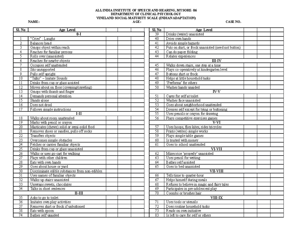 VSMS - Needed VSMS scoring and answer sheet - ALL INDIA INSTITUTE OF SPEECH AND HEARING, MYSORE ...