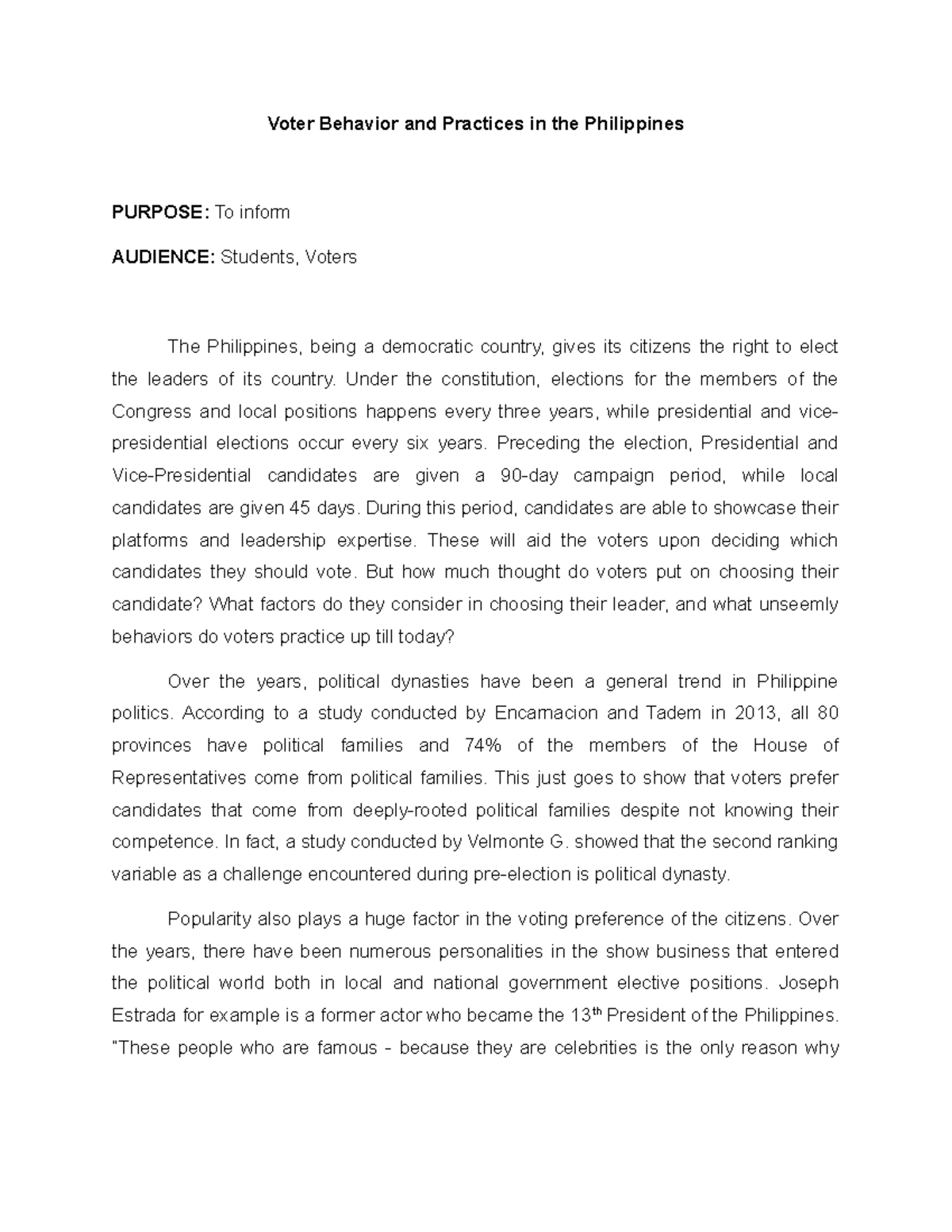 Vote behavior and practices - Under the constitution, elections for the ...