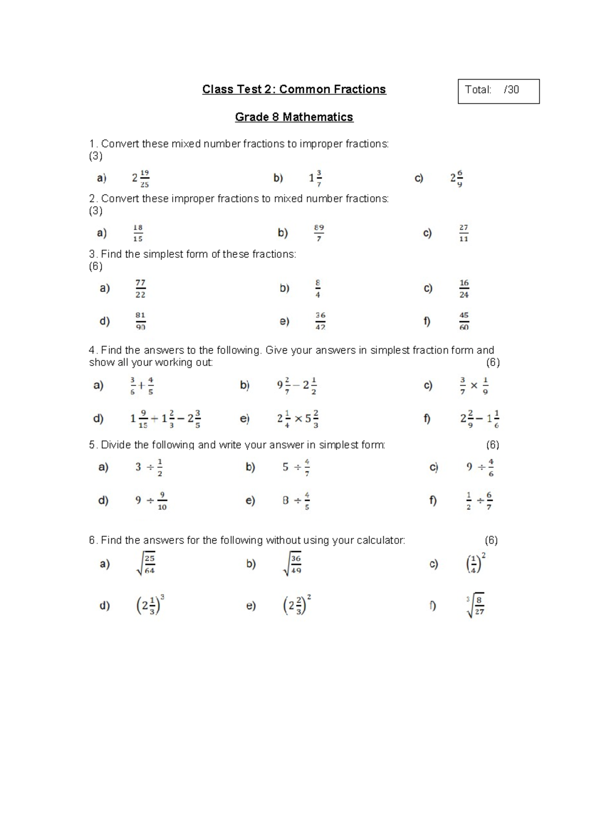 Grade 8 Class test 2 - Class Test 2: Common Fractions Grade 8 ...