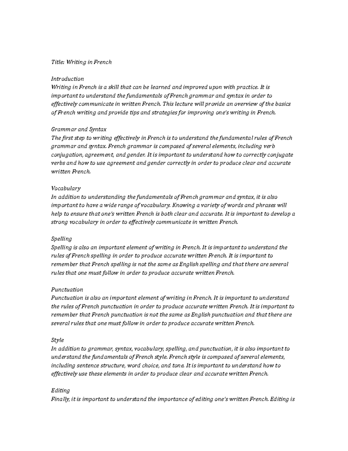 Writing Study Notes - Title: Writing in French Introduction Writing in ...