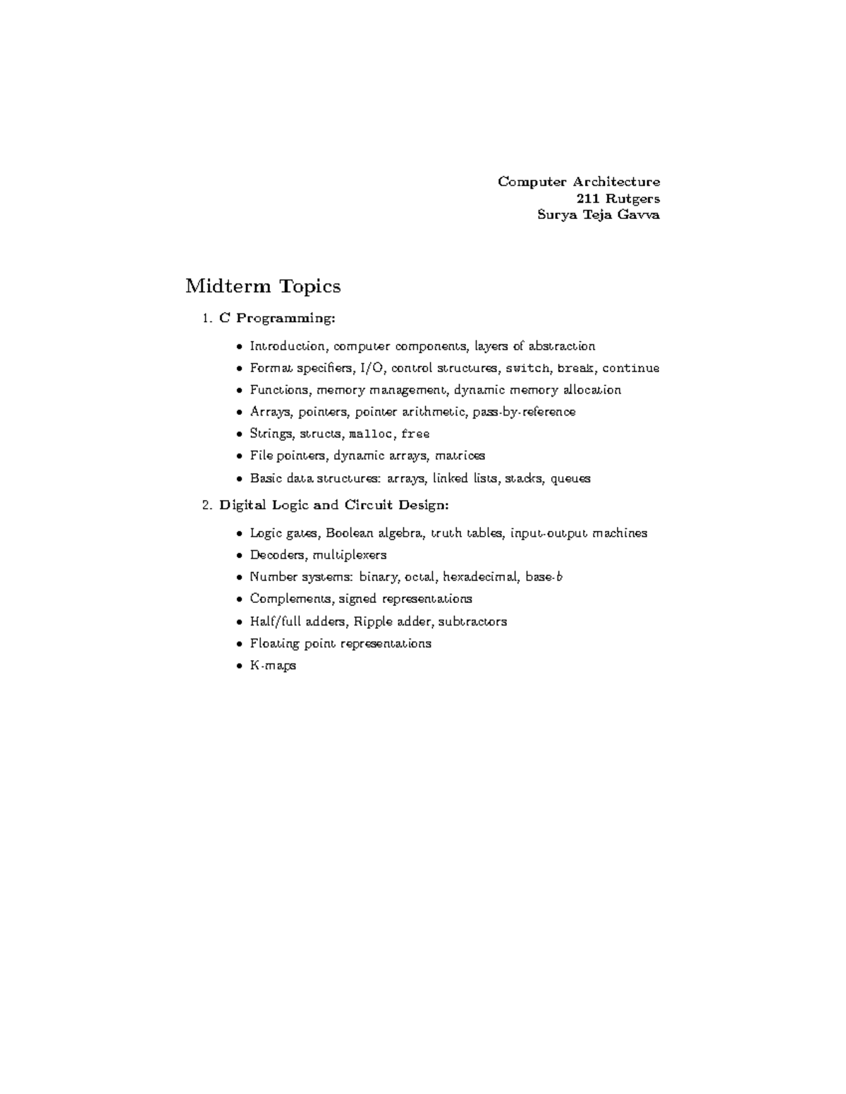 Midterm-topics - provides midterm practice guide topics - Computer Architecture 211 Rutgers ...