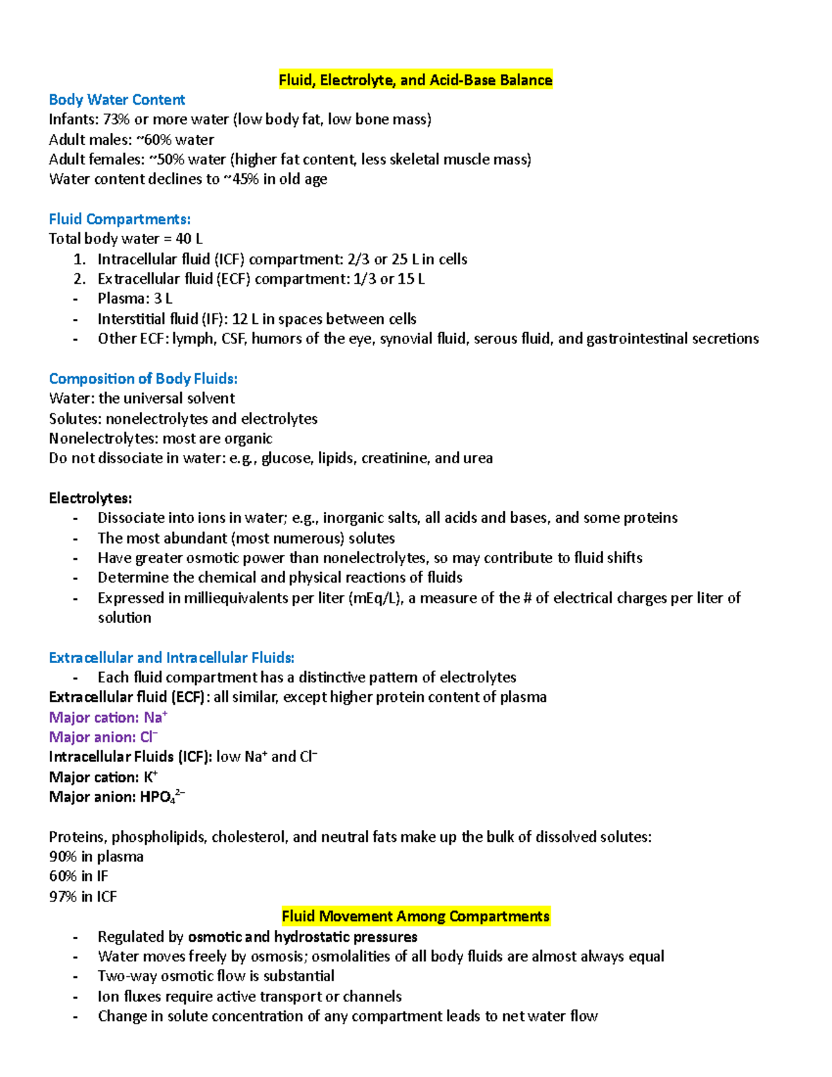 ACID-BASE BALANCE - Notes - Fluid, Electrolyte, and Acid-Base Balance ...