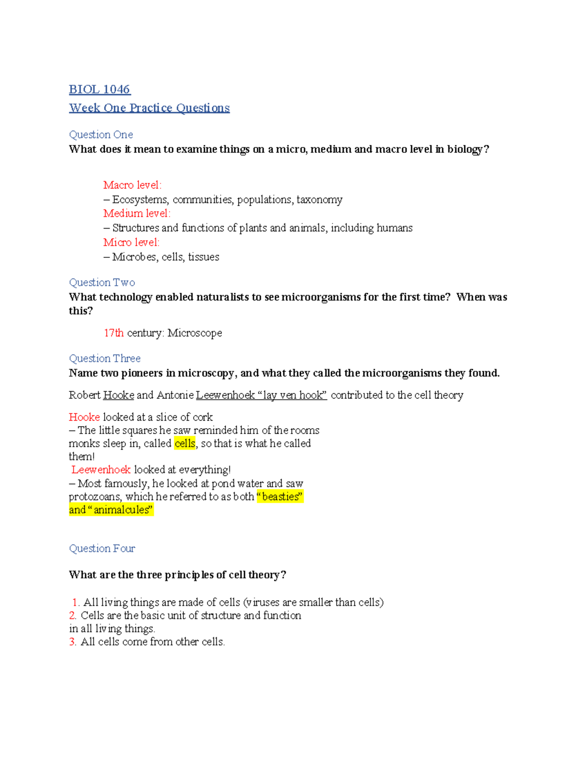Biology Week One Questions - BIOL 1046 Week One Practice Questions ...
