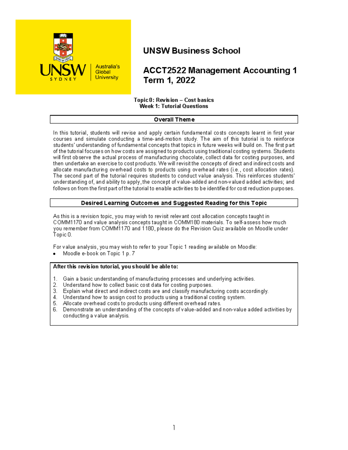 ACCT2522 Topic 0 Revision - Cost Basics Tutorial Questions 2022 - UNSW ...