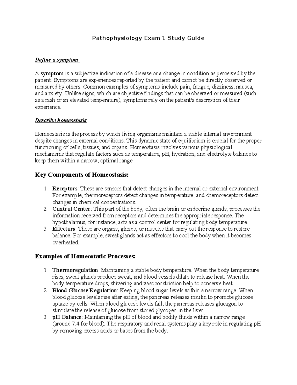 Patho Exam 1 - Pathophysiology Exam 1 Study Guide Define a symptom A ...
