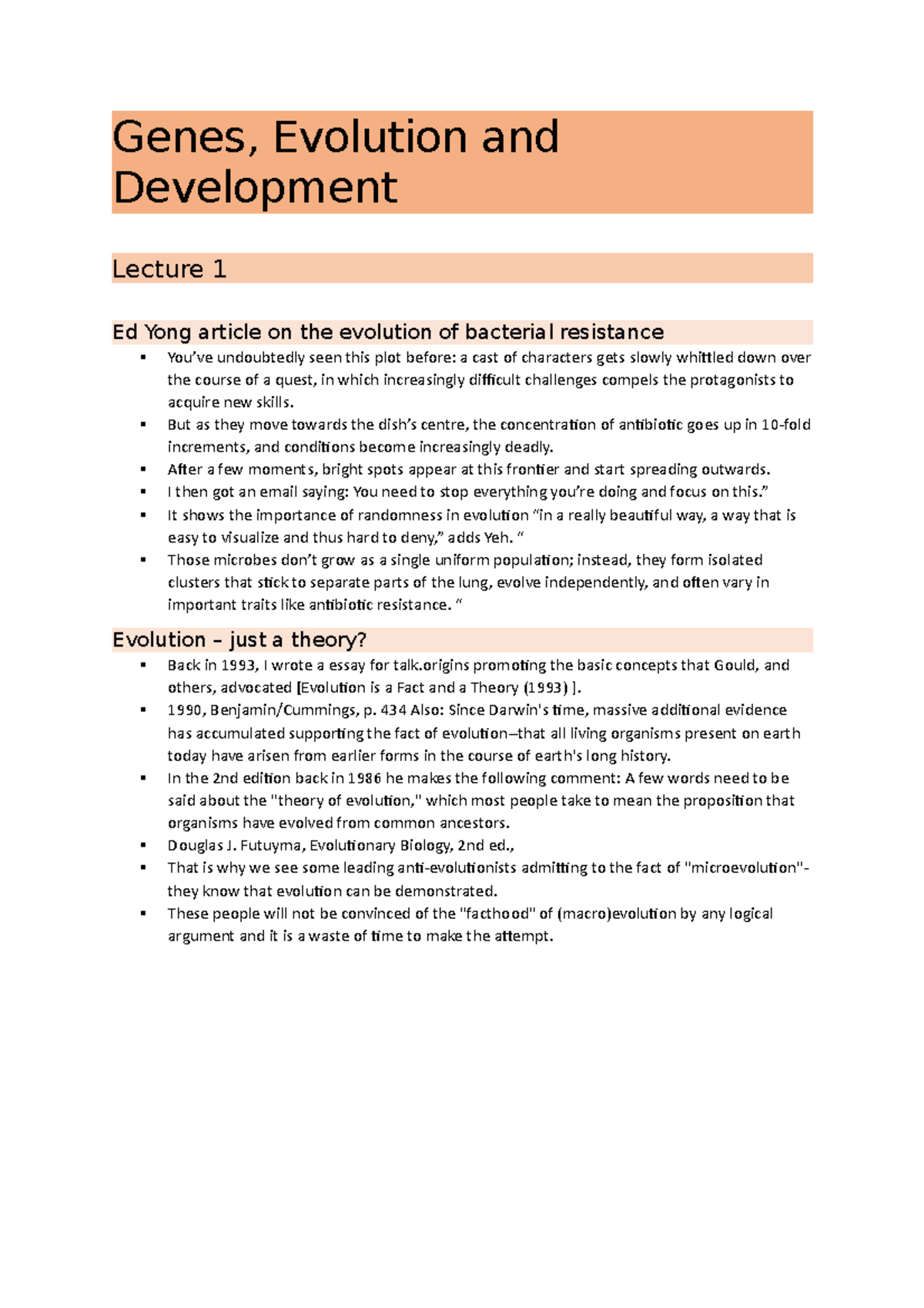 GED Lecture 1 additional reading summary - Genes, Evolution and ...