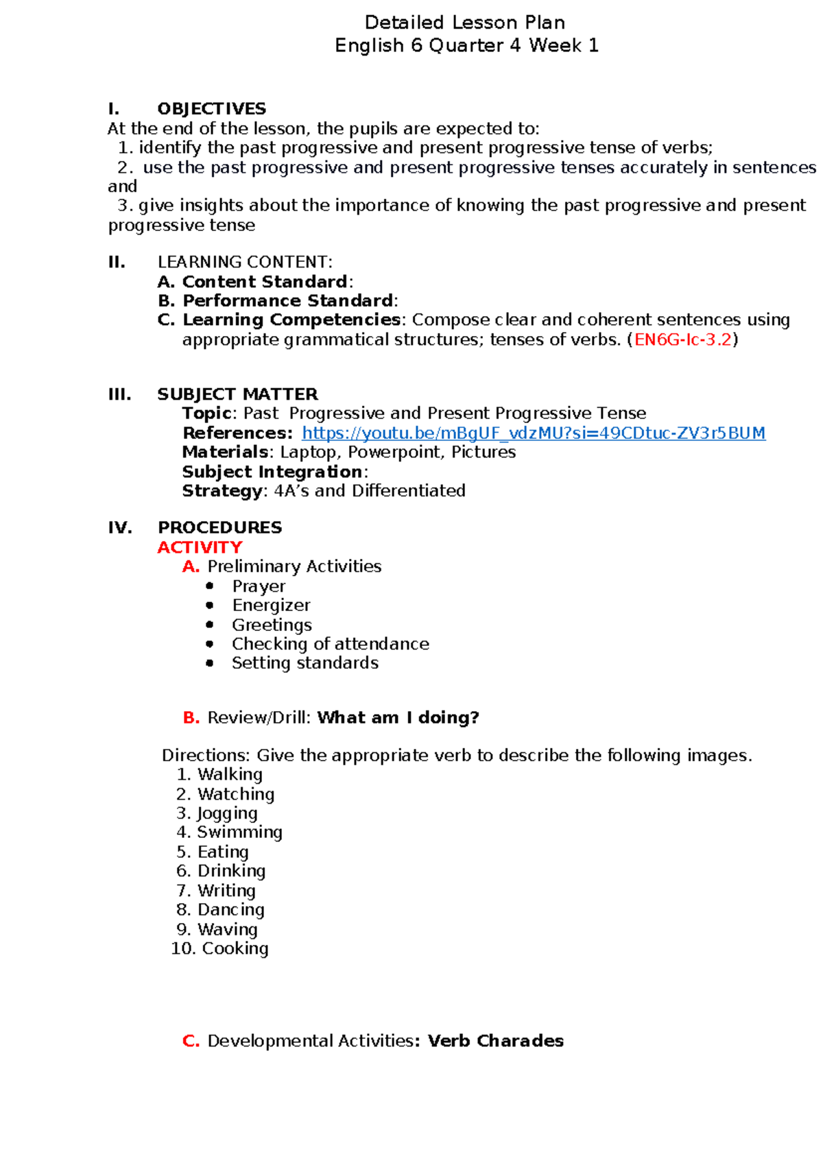 Eng lp-1 - I. OBJECTIVES At the end of the lesson, the pupils are ...