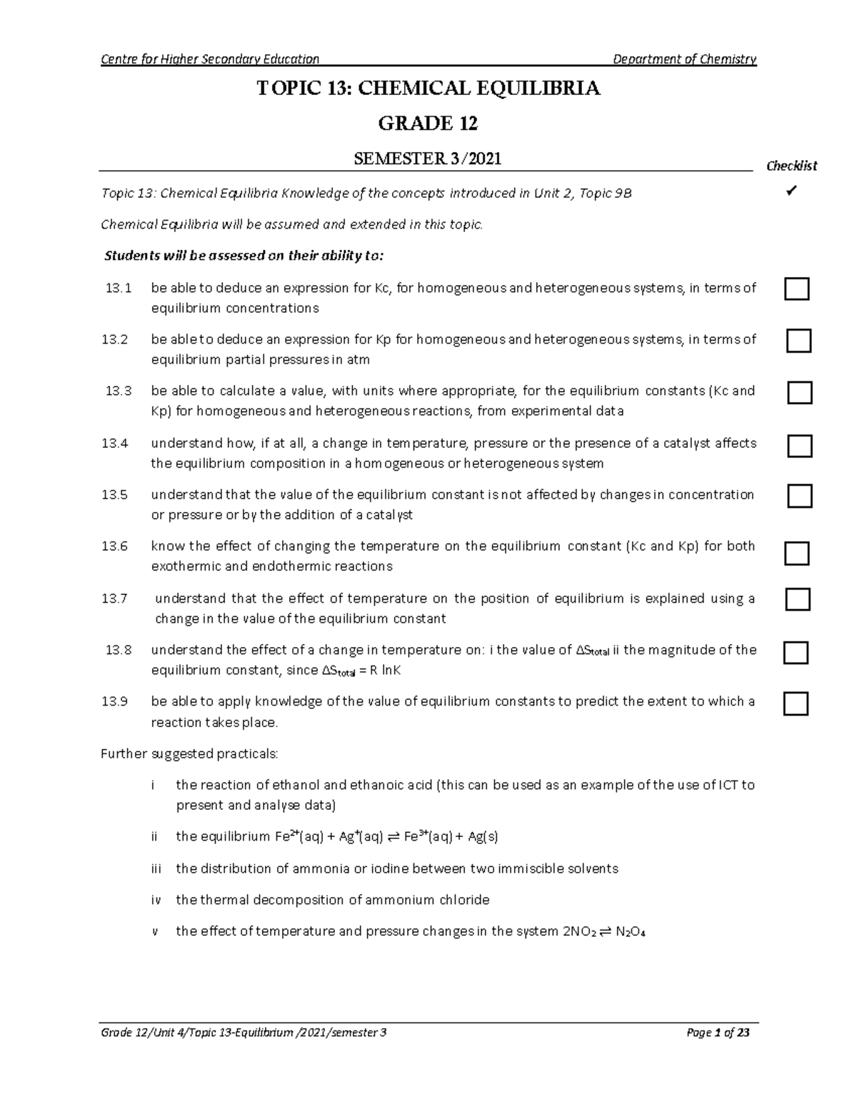 3.Chemical equilibria - TOPIC 13: CHEMICAL EQUILIBRIA GRADE 12 SEMESTER ...