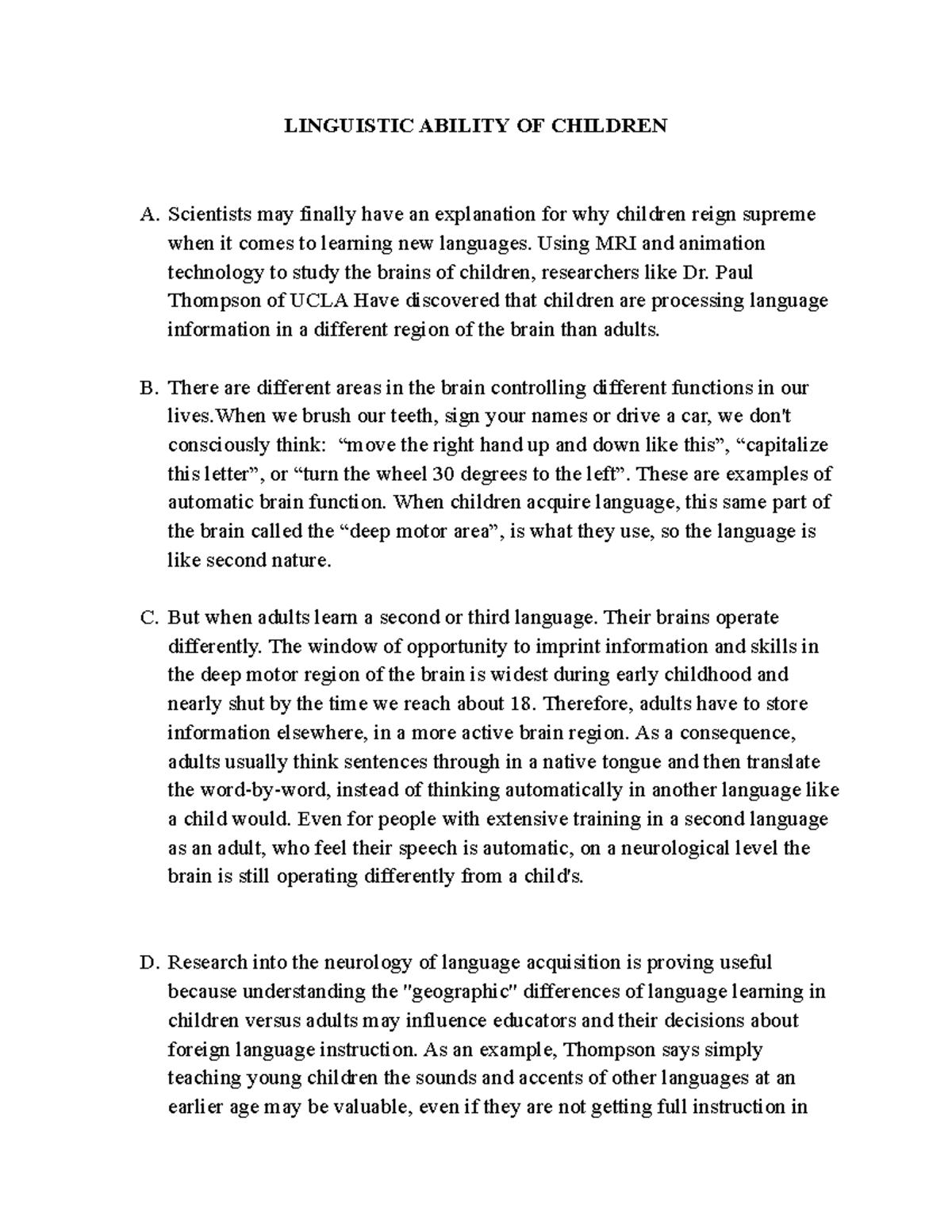 UNIT 1 - Linguistic Ability OF Children Linguistic Ability OF Children ...