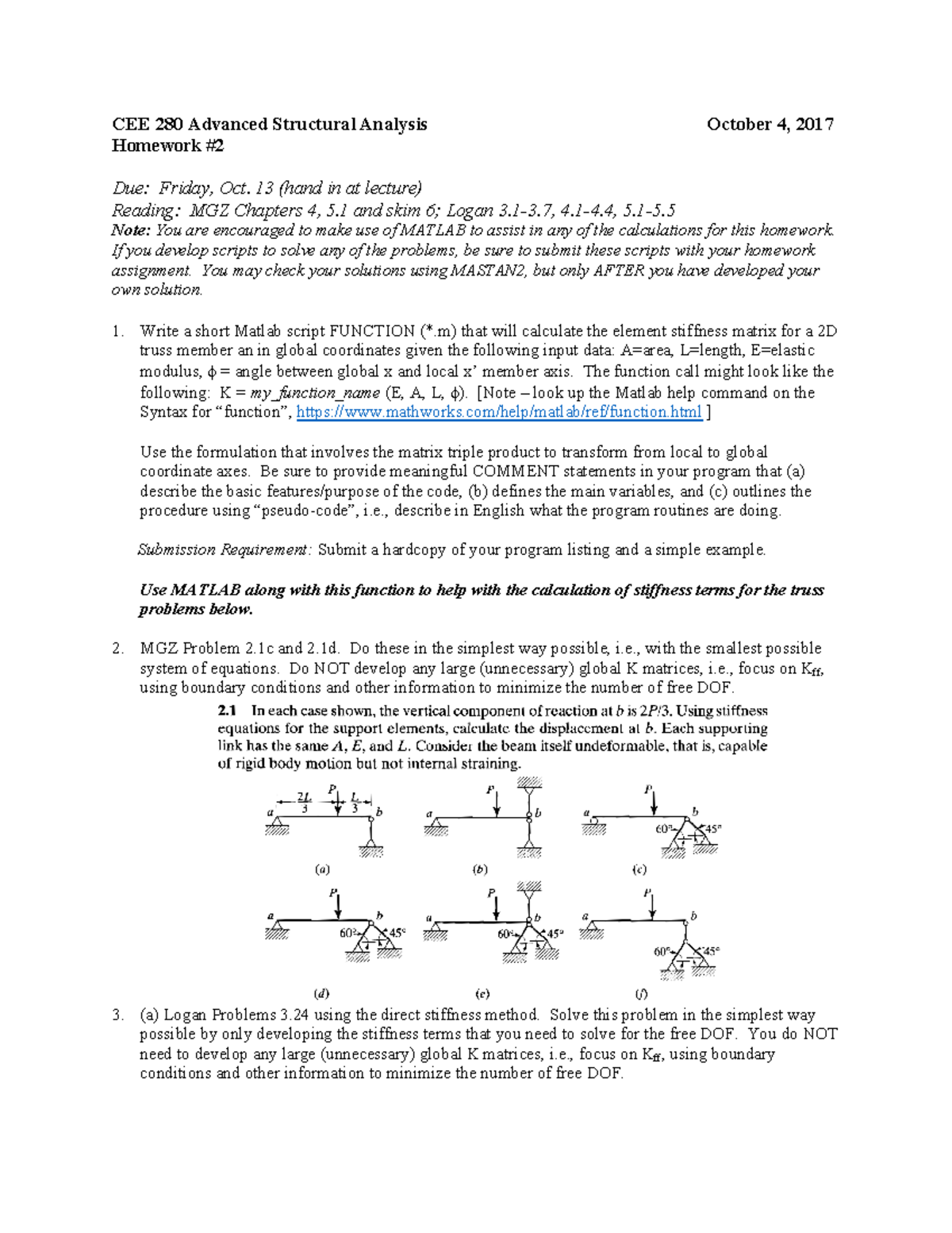 Homework Assignment 2 - CEE 280 Advanced Structural Analysis Homework ...