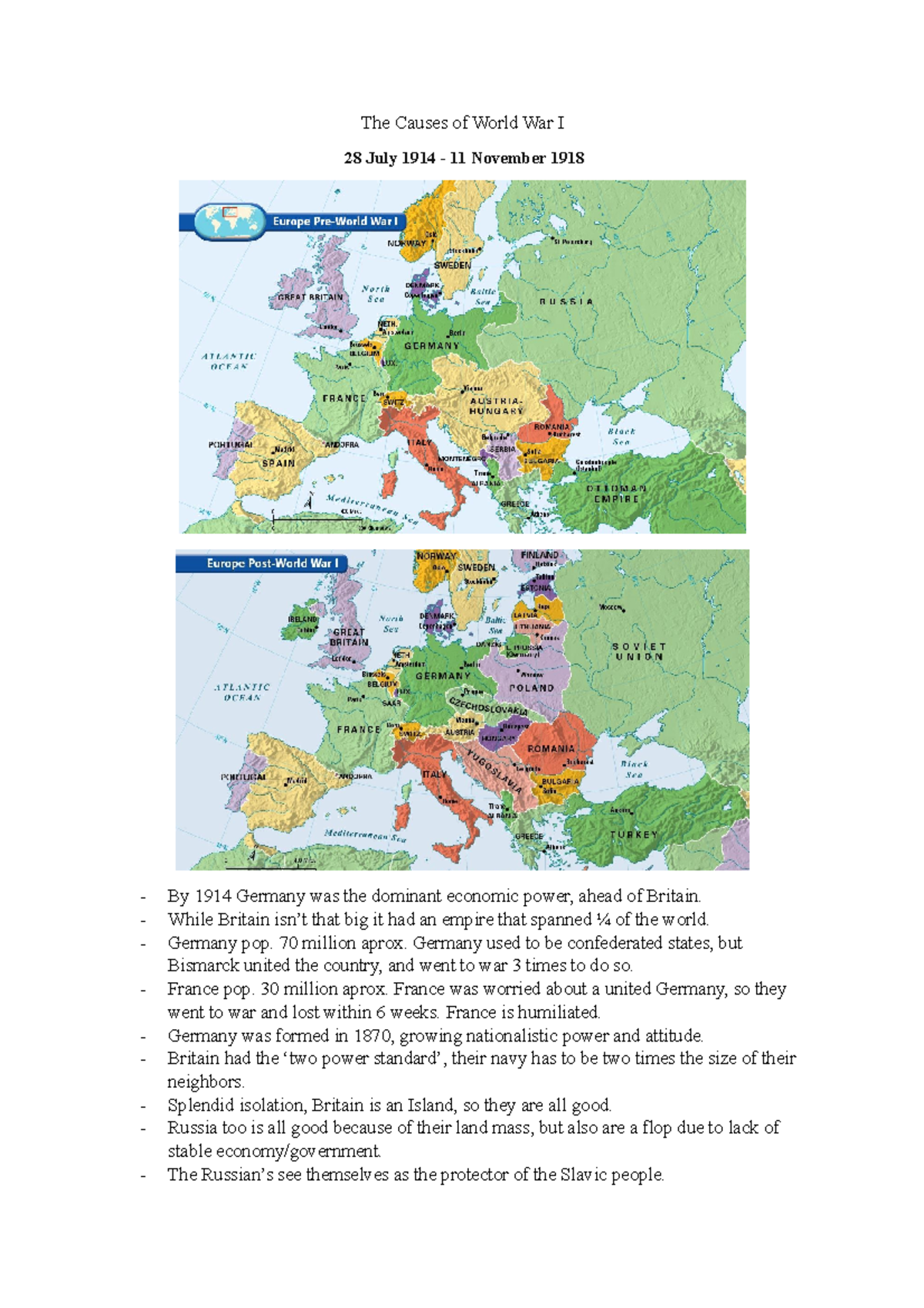 WW1 notes - WW1 - The Causes of World War I 28 July 1914 - 11 November ...