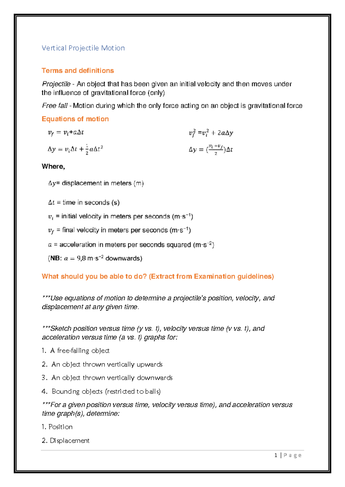 Vertical Projectile Motion - Vertical Projectile Motion Terms and ...