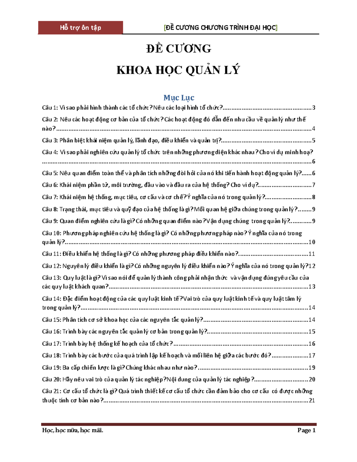Khoa học quản lý - Khoa học quản lý đại cương - ĐÀ C£¡NG KHOA HỌC QUÀN LÝ Mÿc Lÿc C‚u 1: VÏ sao ...