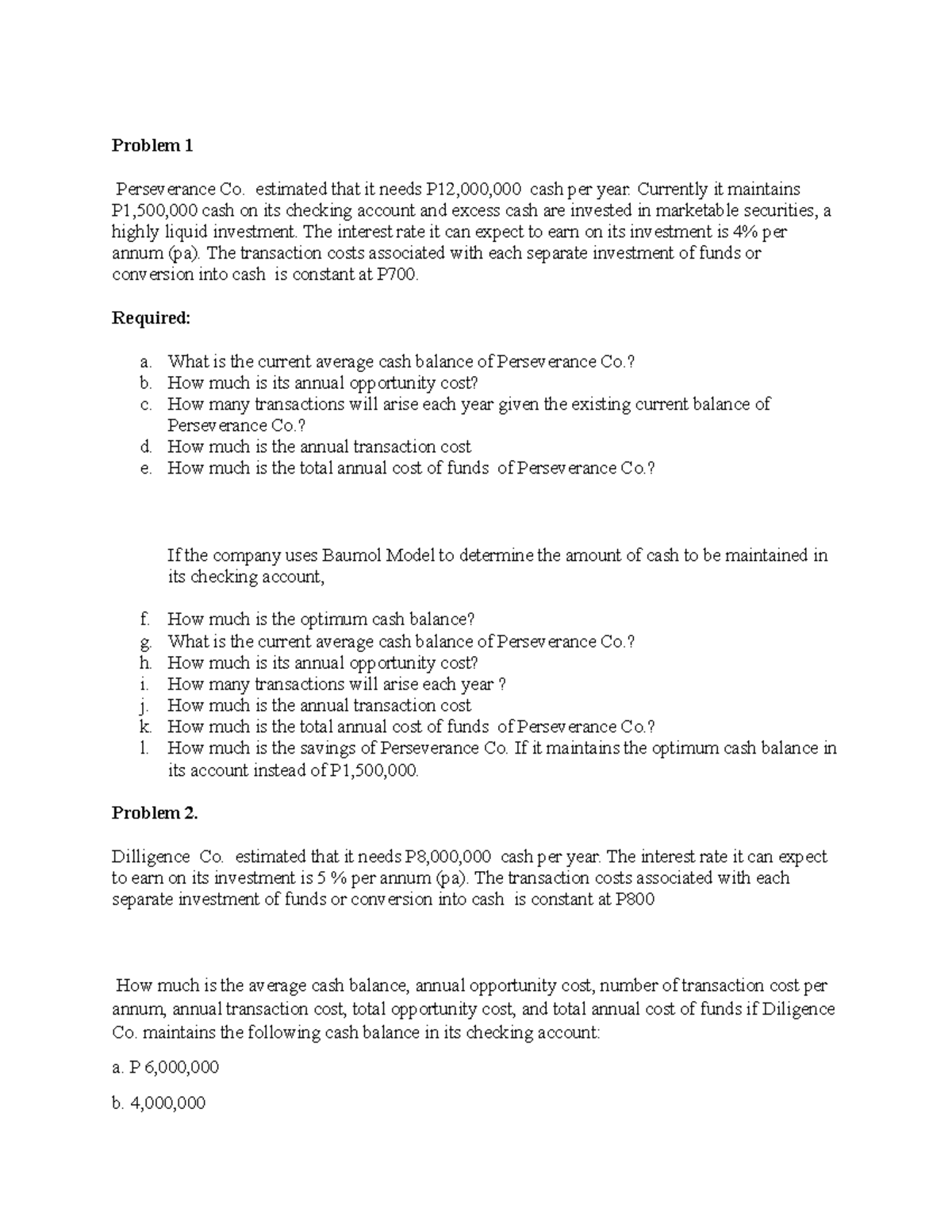 Activity on Cash Management Baumol Model - Problem 1 Perseverance Co ...