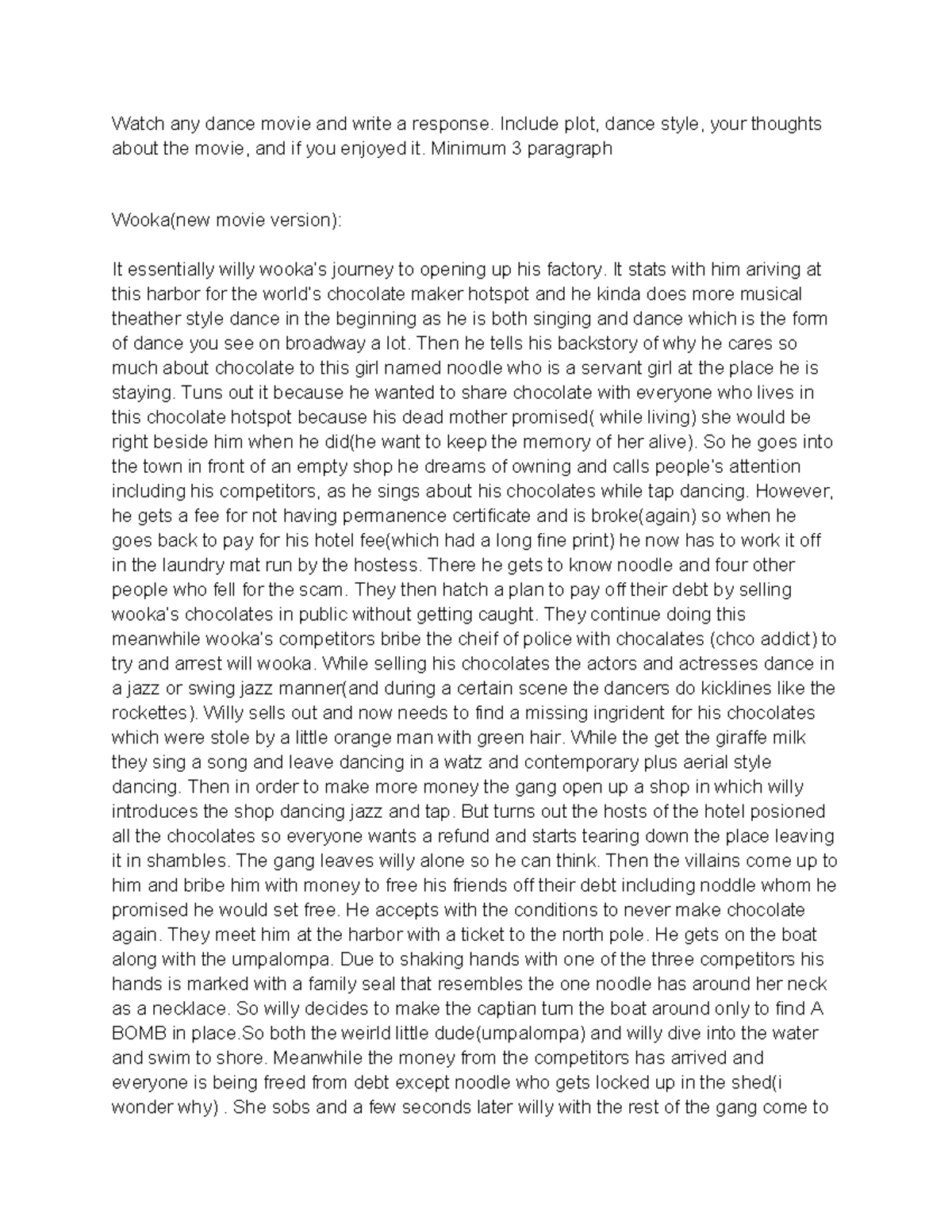 Watch any dance movie and write a response - Include plot, dance style ...