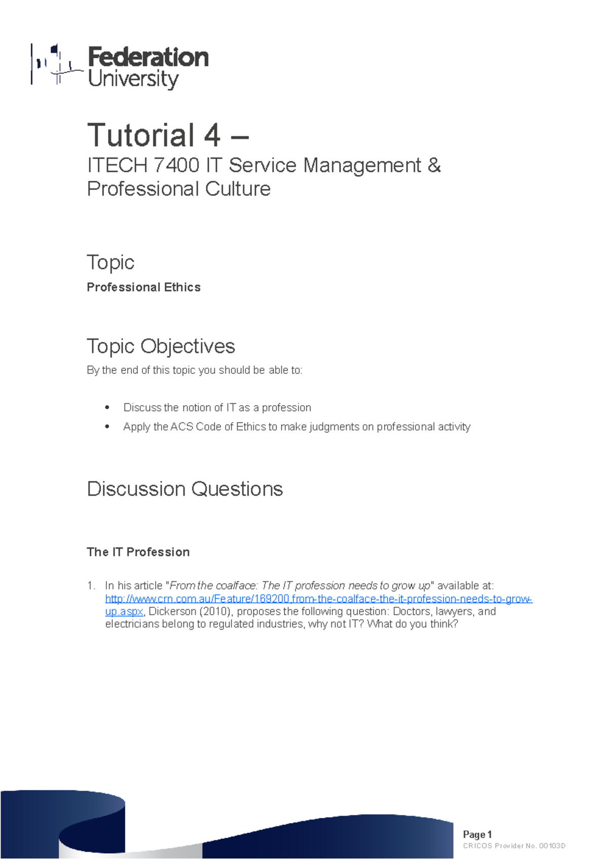 Itech 7400 04 tutorial - Tutorial 4 – ITECH 7400 IT Service Management ...