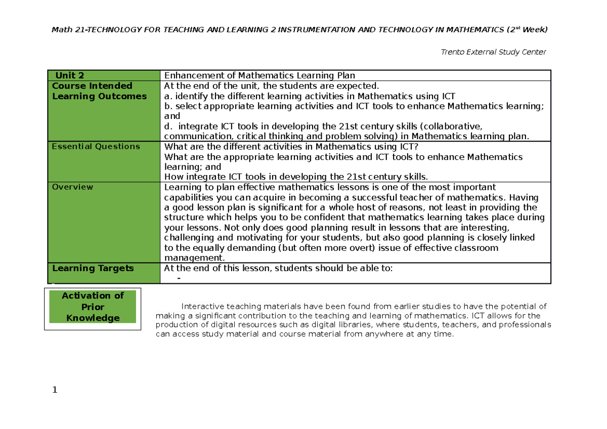 Math 21 CLP Unit 3 - Learning Materials - Trento External Study Center Unit 2 Enhancement of ...