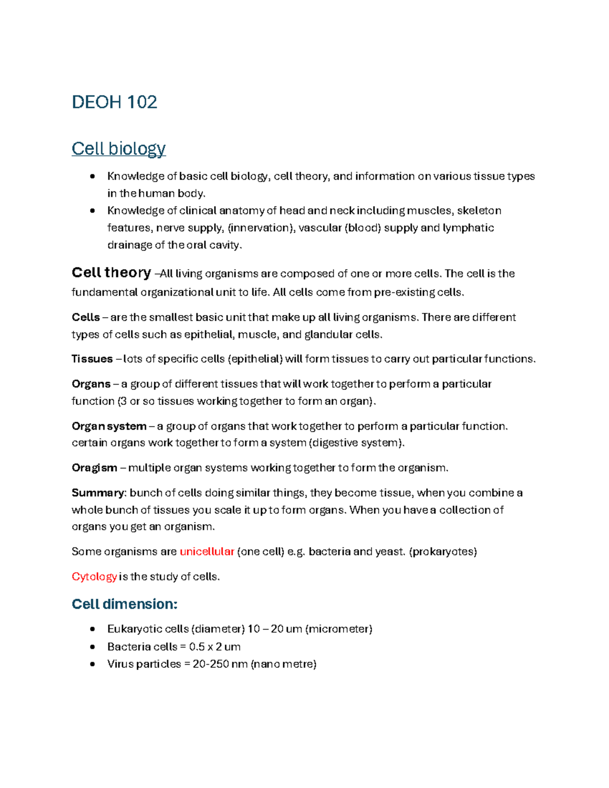 CELL biology notes DEOH 102 - DEOH 102 Cell biology Knowledge of basic ...