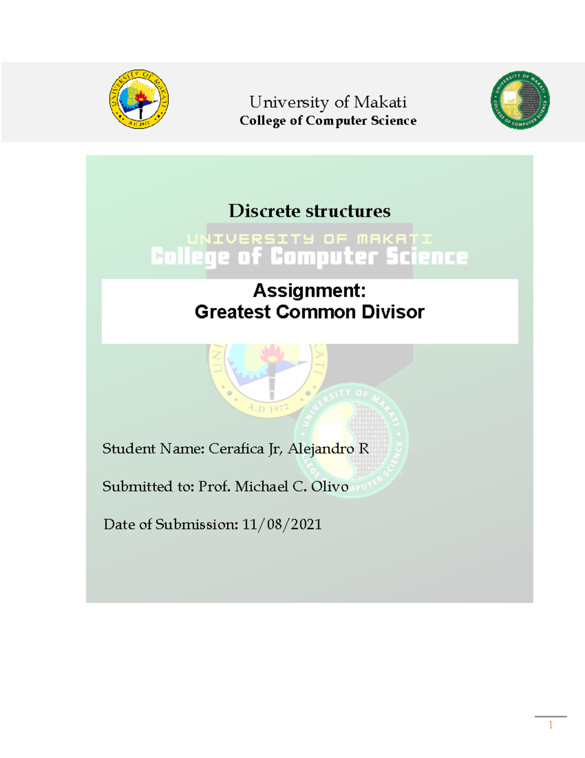 Cerafica - Assignment GCD- Euclidean Algorithm - 1 University of Makati College of Computer ...