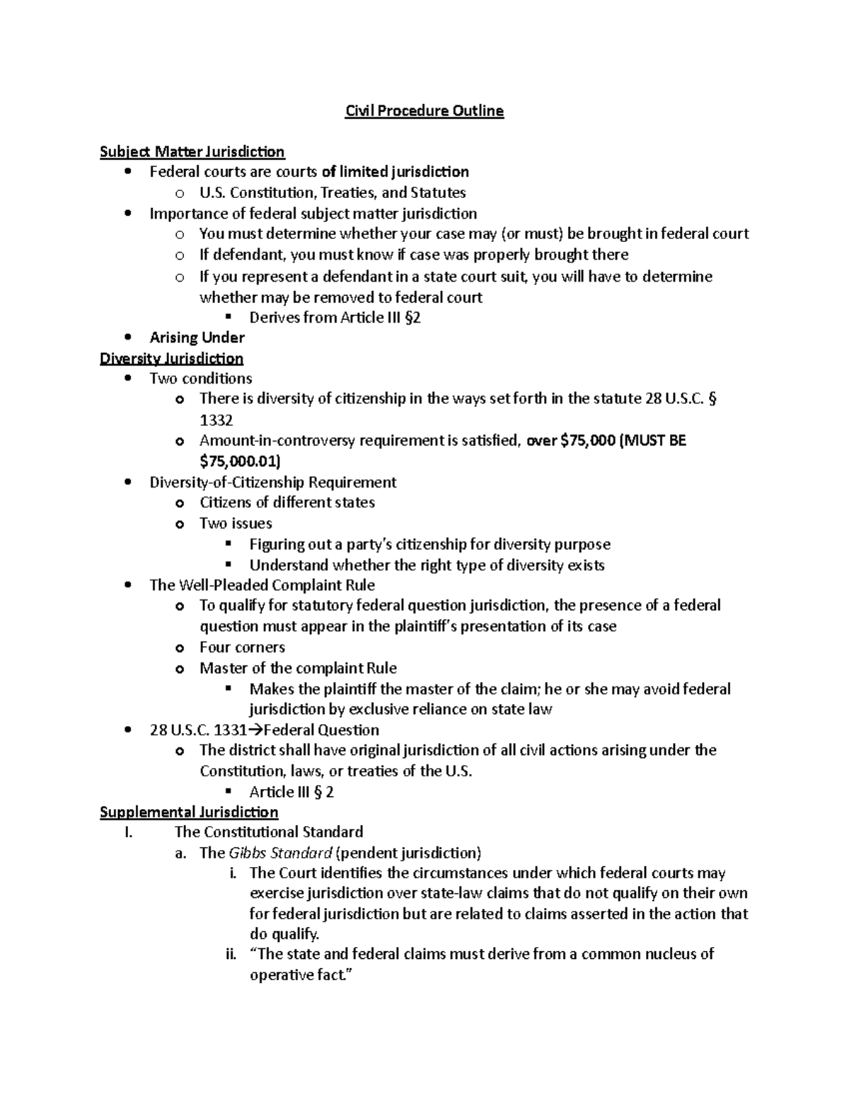 Civil Procedure Outline - Civil Procedure Outline Subject Matter ...