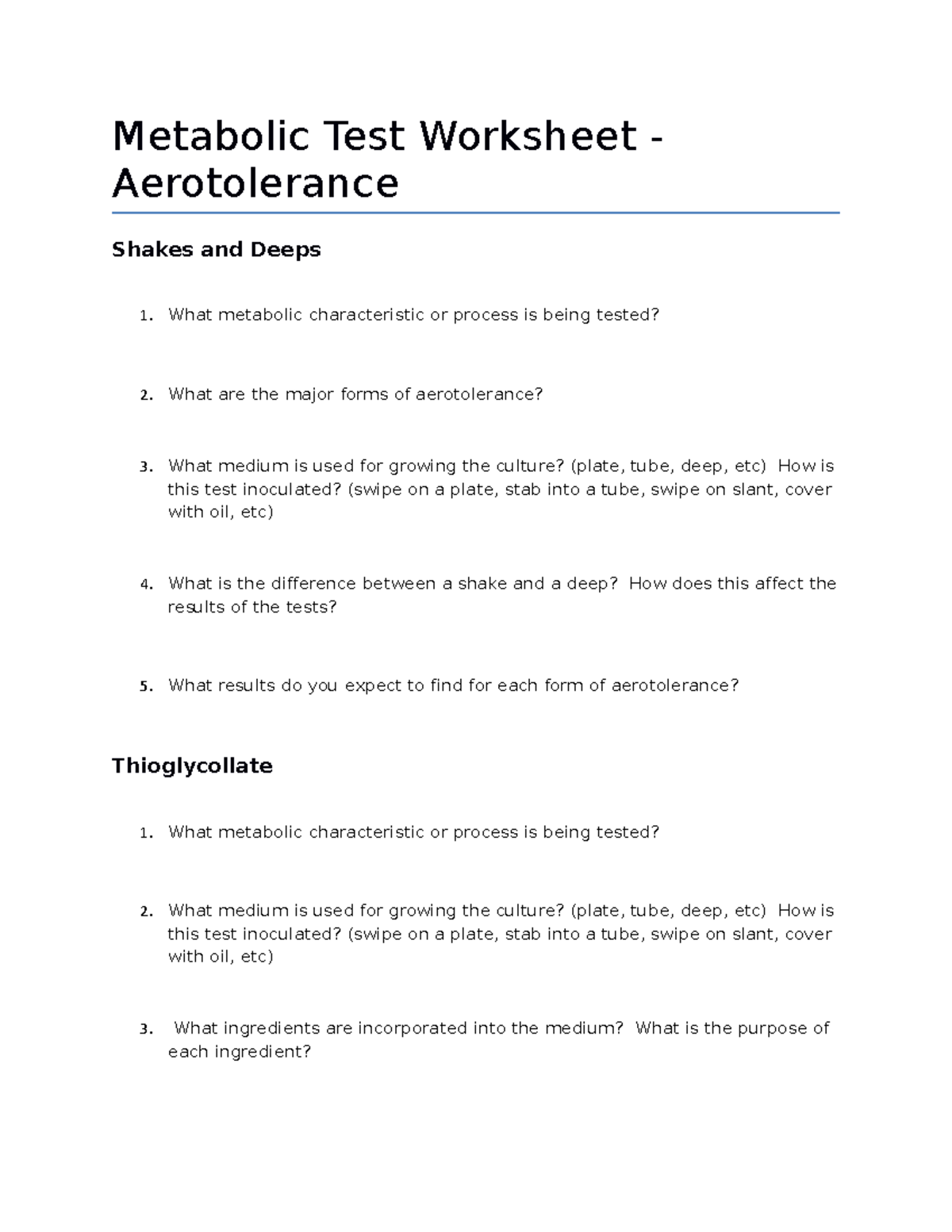 Metabolic Test - Aerotolerance - Metabolic Test Worksheet ...