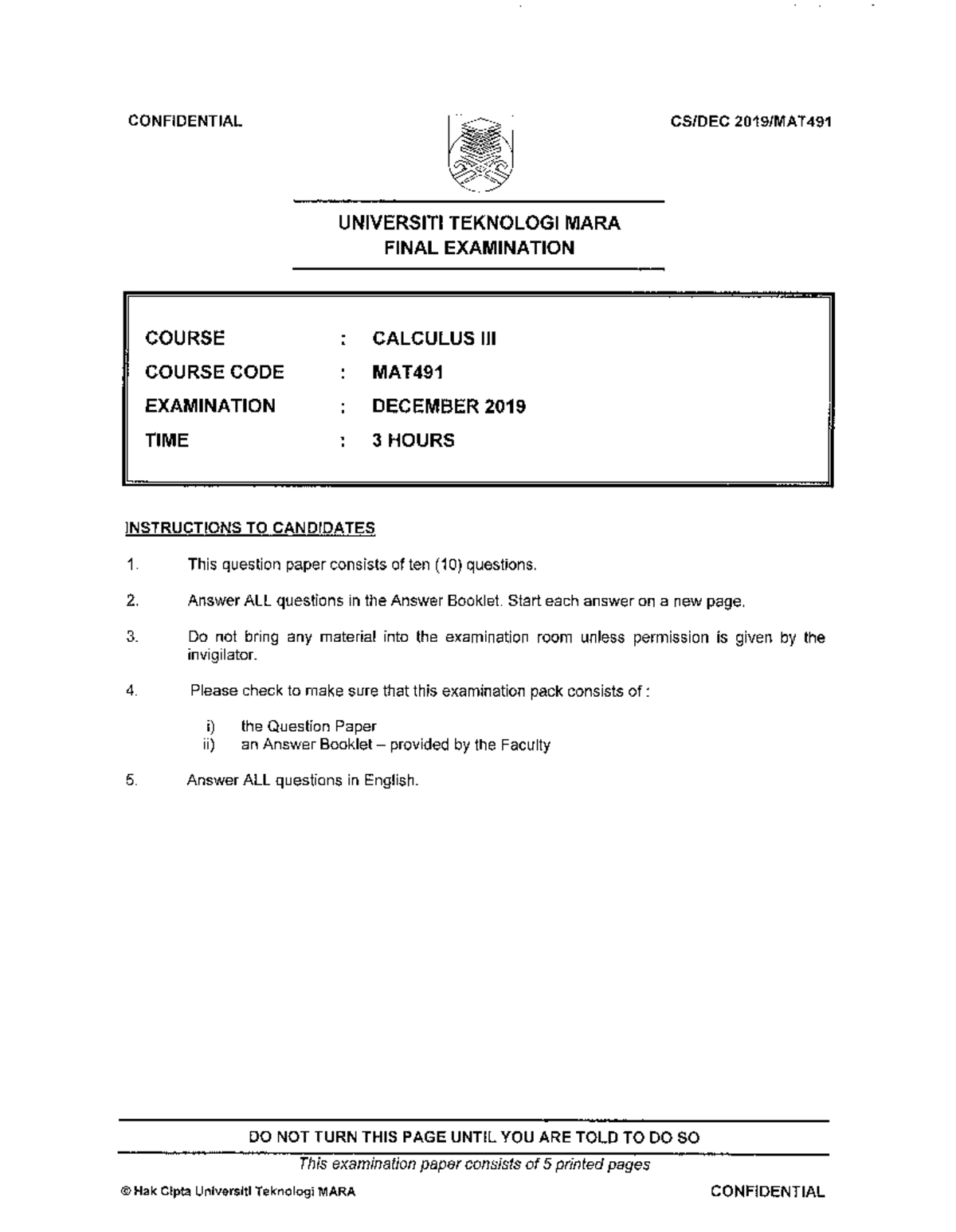 MAT491 - this is past year question for subject MAT 491. - CONFIDENTIAL UNIVERSITI TEKNOLOGI ...