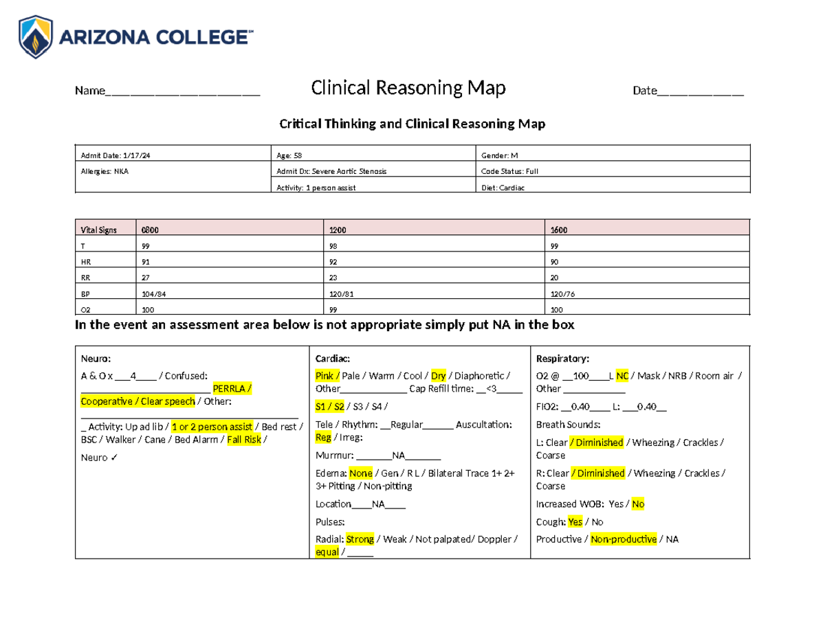 clinical map med surg - Critical Thinking and Clinical Reasoning Map ...