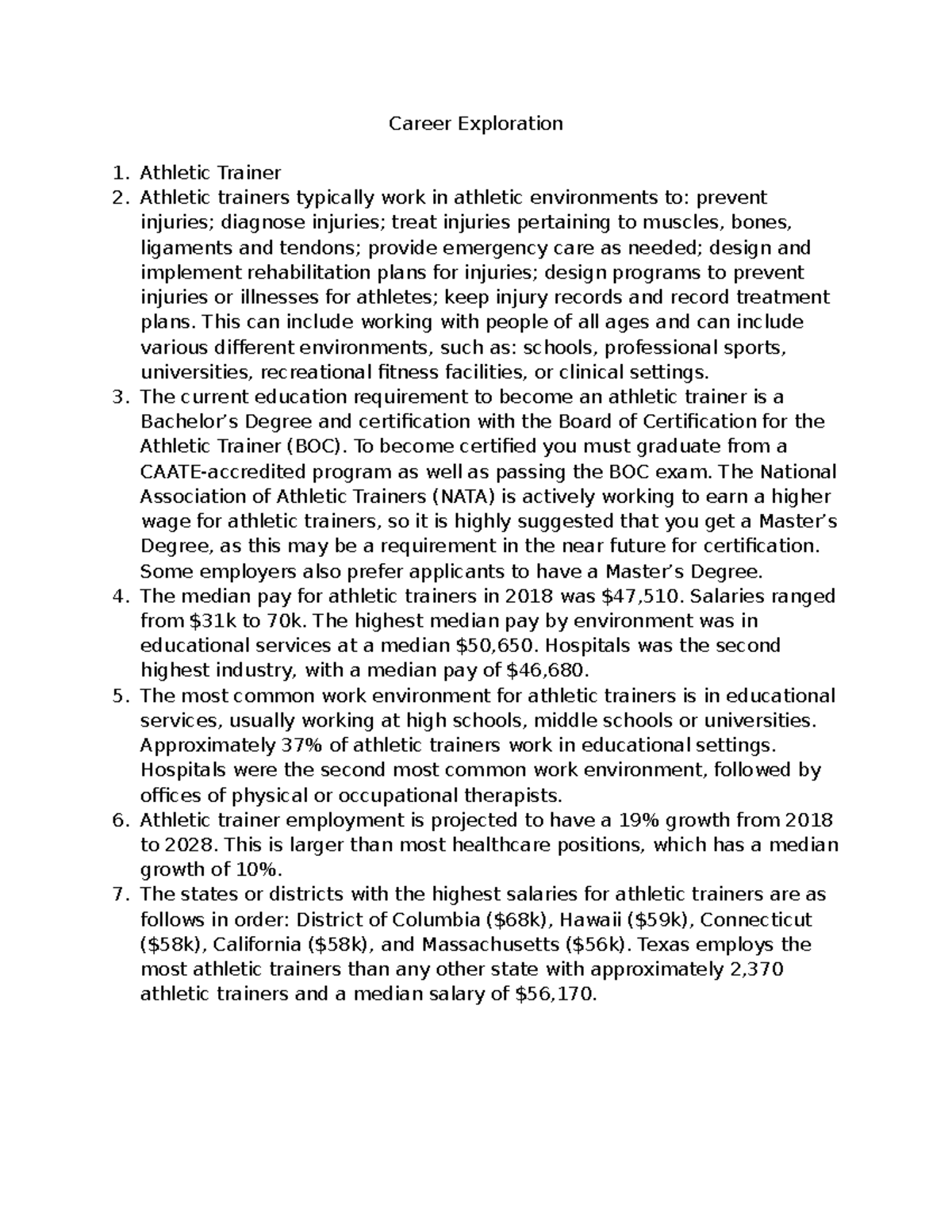 EXSC 301 Career Exploration Assignment - Career Exploration Athletic ...