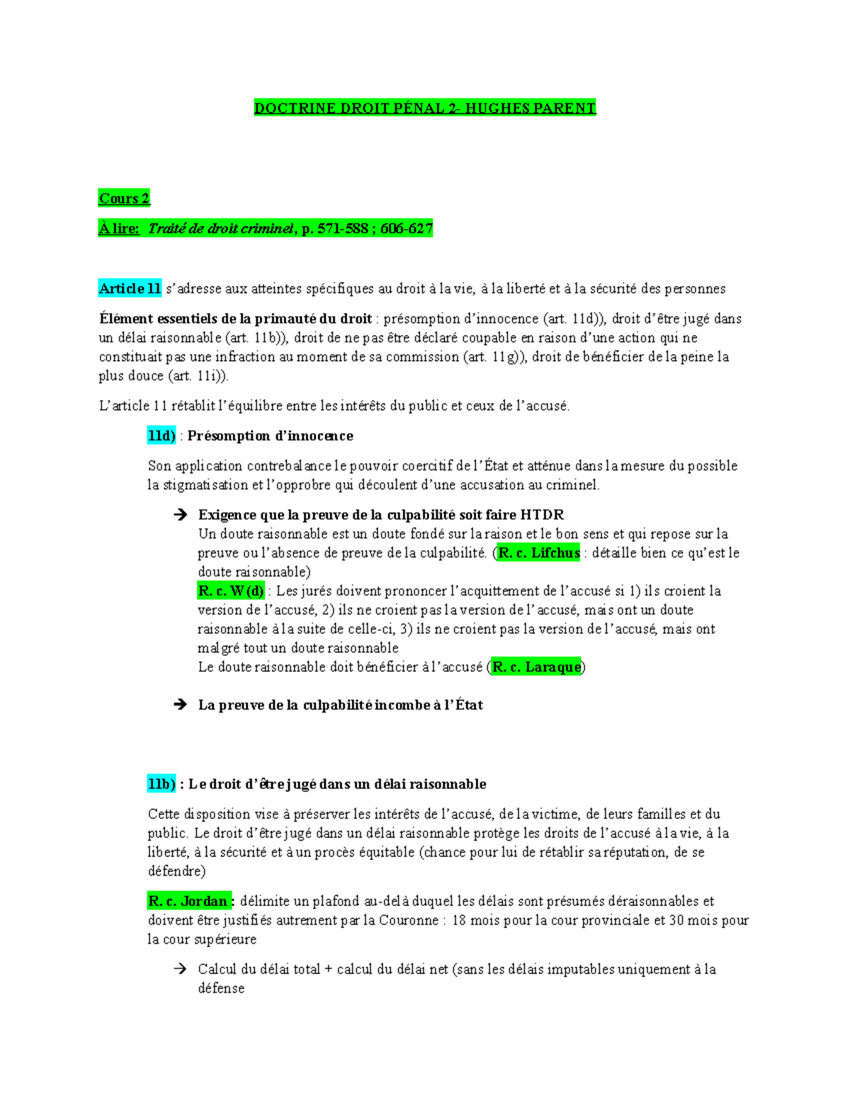 Doctrine Droit Pénal 2 - DOCTRINE DROIT PÉNAL 2- HUGHES PARENT Cours 2 ...