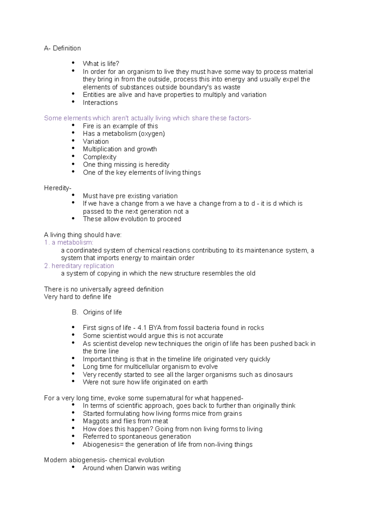 L1 Introduction BIOL127 - A- Definition What is life? In order for an ...