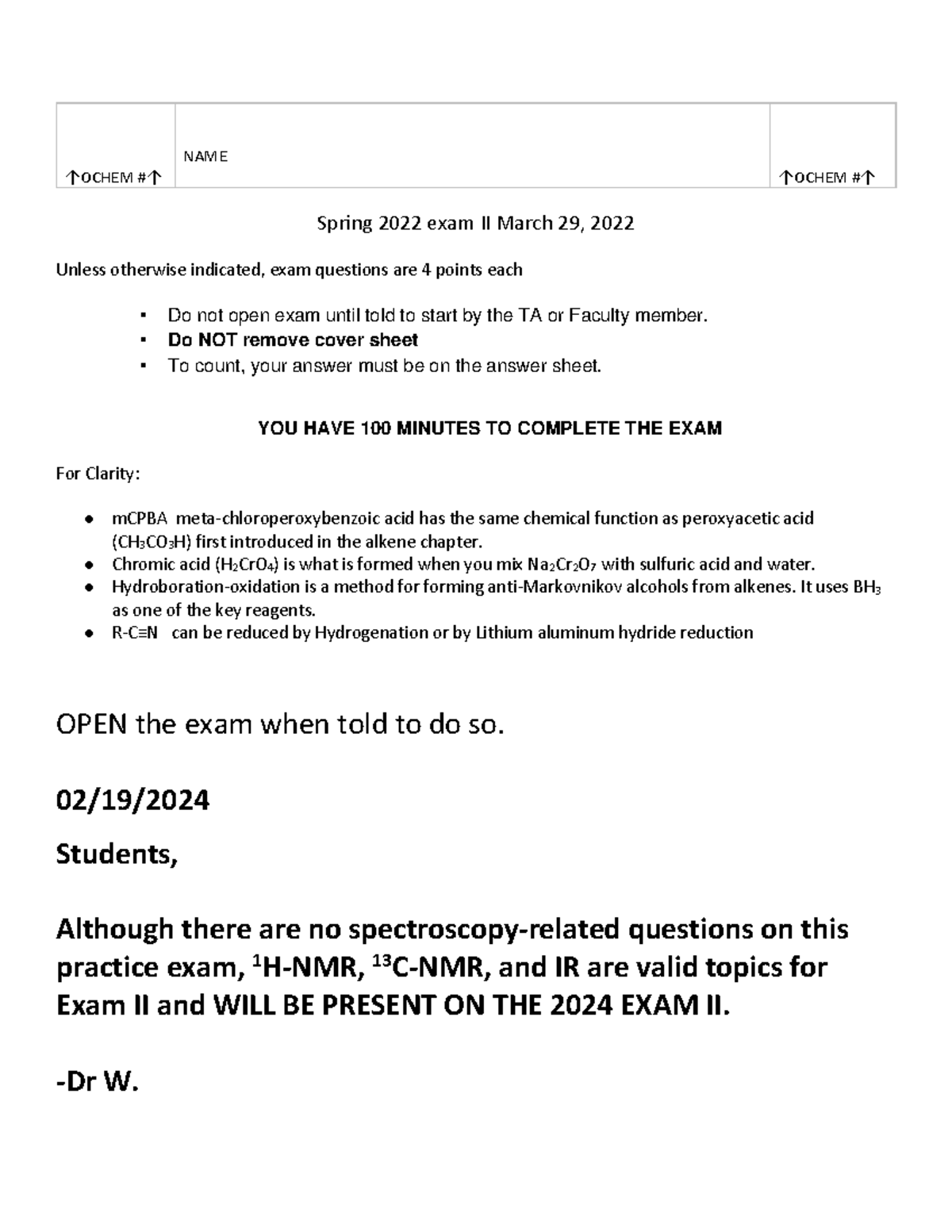 Spring 2022 CHEM 332 Practice Exam II KEY - ↑OCHEM #↑ NAME ↑OCHEM #↑ Spring 2022 exam II March ...