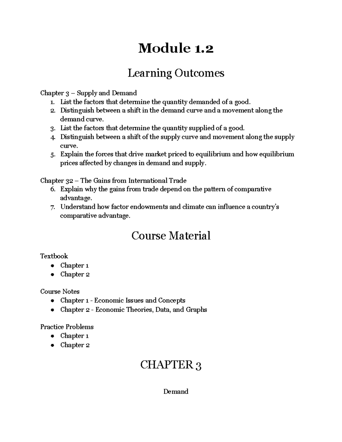 ECON 112 - Module 1 - Module 1. Learning Outcomes Chapter 3 – Supply and Demand 1. List the ...
