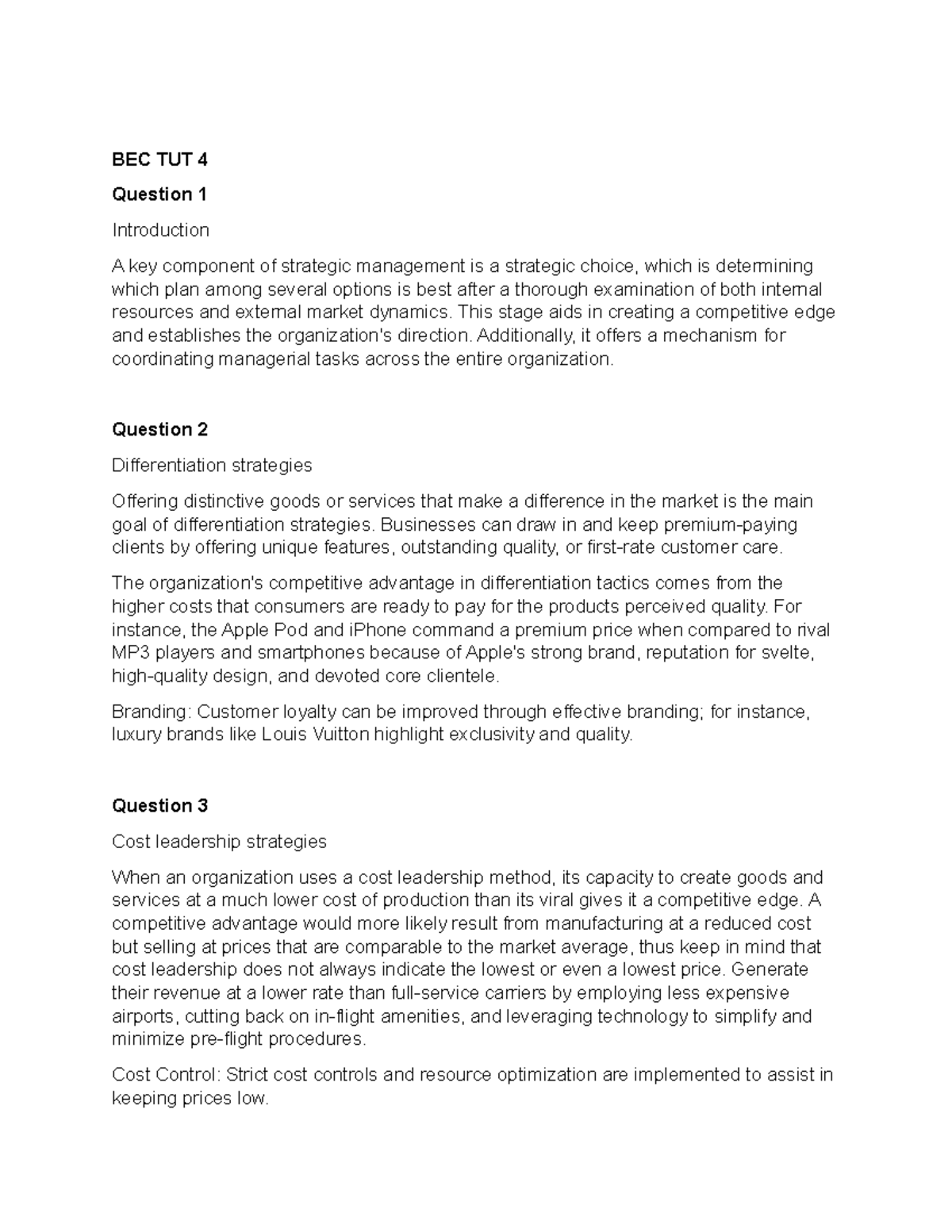 BEC 123L TUT 4 - tutorial - BEC TUT 4 Question 1 Introduction A key ...