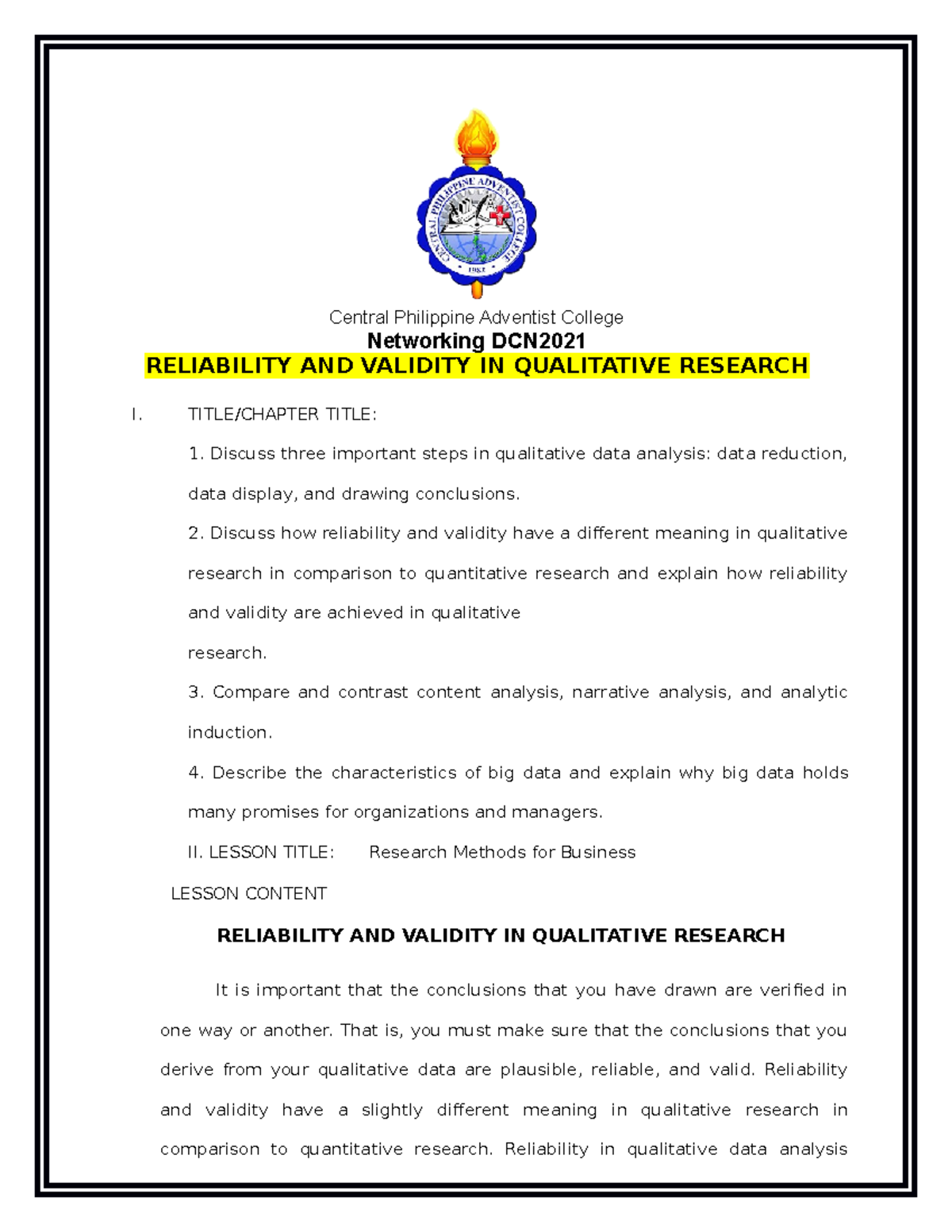Reliability AND Validity IN Qualitative Research - Central Philippine ...