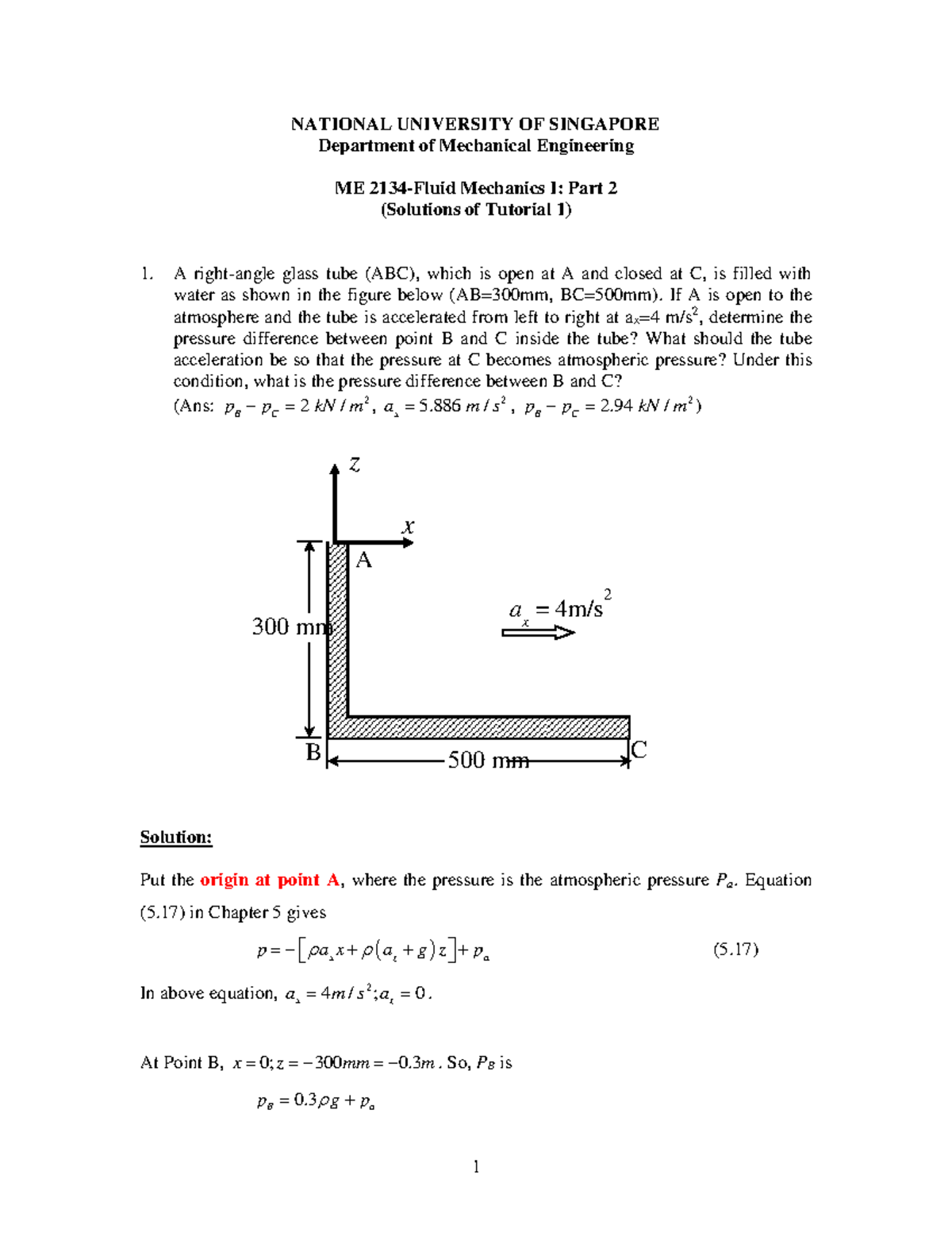 ME2134 (Part 2) Tutorial 1 (Solutions) - NATIONAL UNIVERSITY OF ...