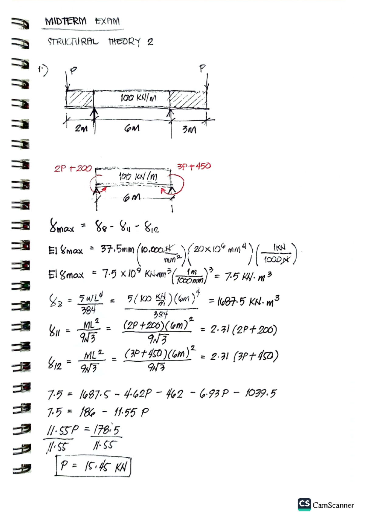 Midterm-ST2- Keyanswer - MIDTERM EXAM STRUCTURAL THEORY 2 1) P P 100 KN ...