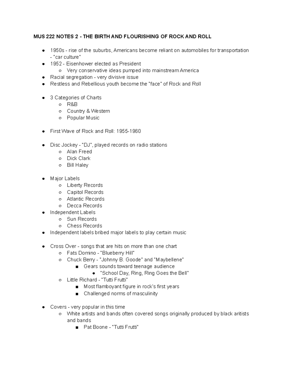 MUS 222 Notes 2 - MUS 222 NOTES 2 - THE BIRTH AND FLOURISHING OF ROCK ...