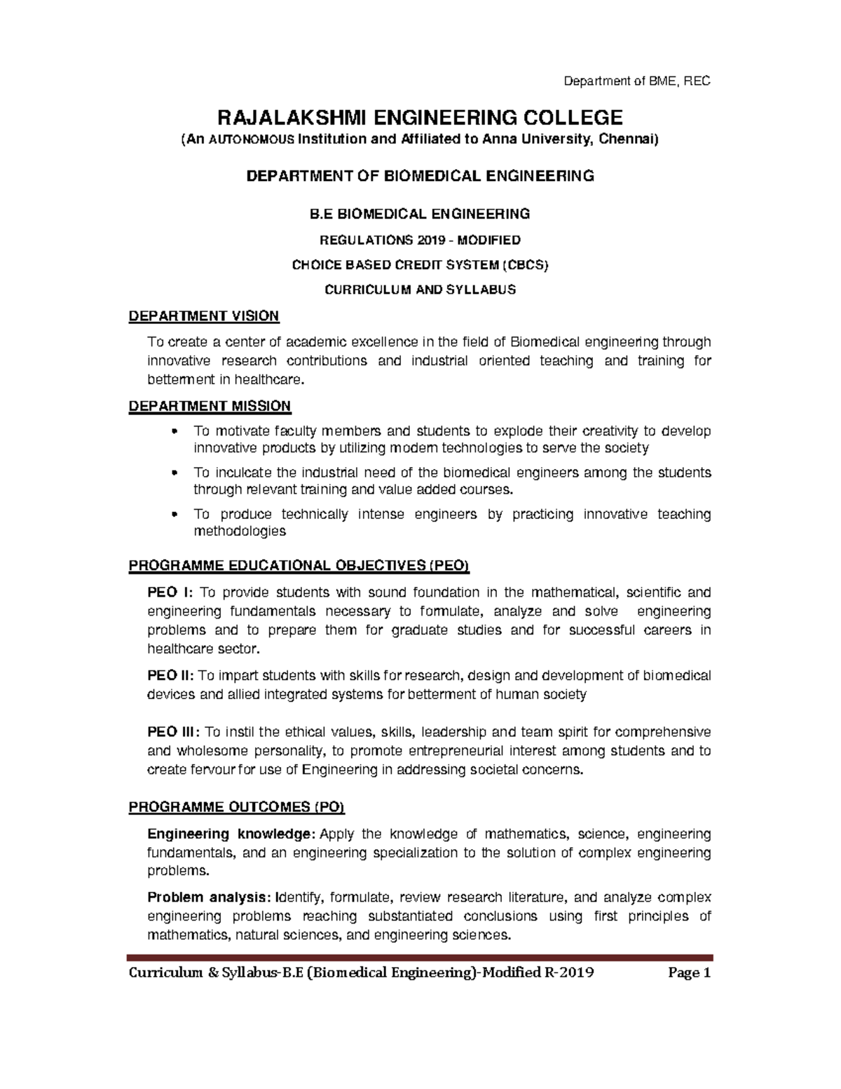 R2019 R-BME-Curriculum and Syllabus - RAJALAKSHMI ENGINEERING COLLEGE (An AUTONOMOUS Institution ...