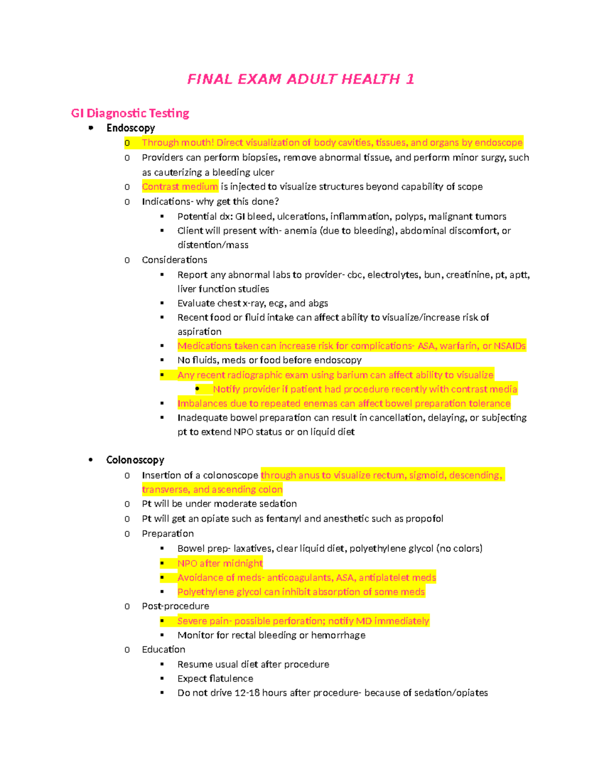 Adult Health 1 Final Exam Notes - FINAL EXAM ADULT HEALTH 1 GI ...