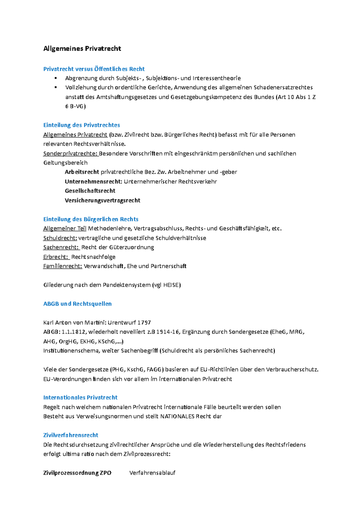 Zivilrecht - Zusammenfassung - Allgemeines Privatrecht Privatrecht ...
