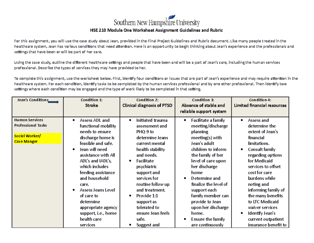 HSE 210 Module One Worksheet Assignment Guidelines and Rubric - Like ...