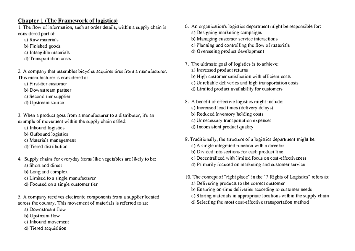 Chapter 1 MCQs - gffh hfgu - Chapter 1 (The Framework of logistics) The ...