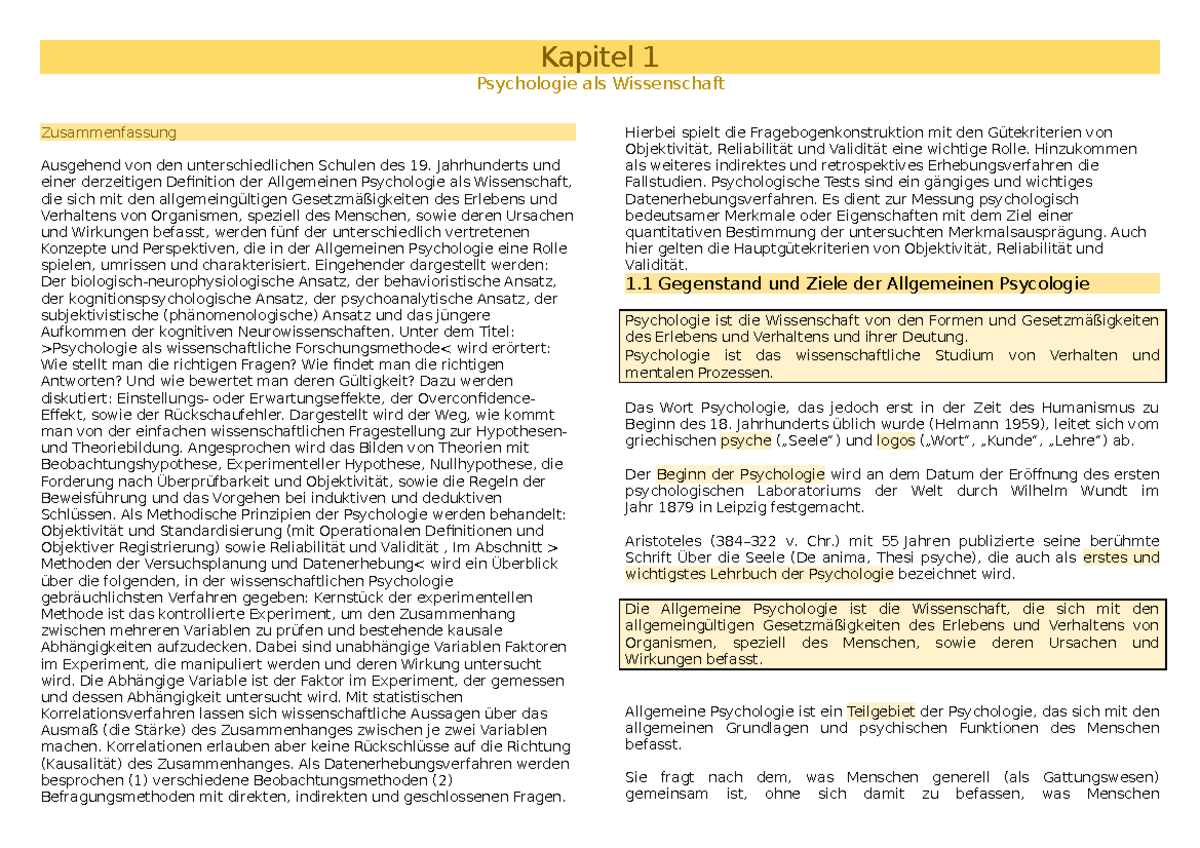 Allgemeine Psychologie Kapitel 1 - Kapitel 1 Psychologie als Wissenschaft Zusammenfassung ...