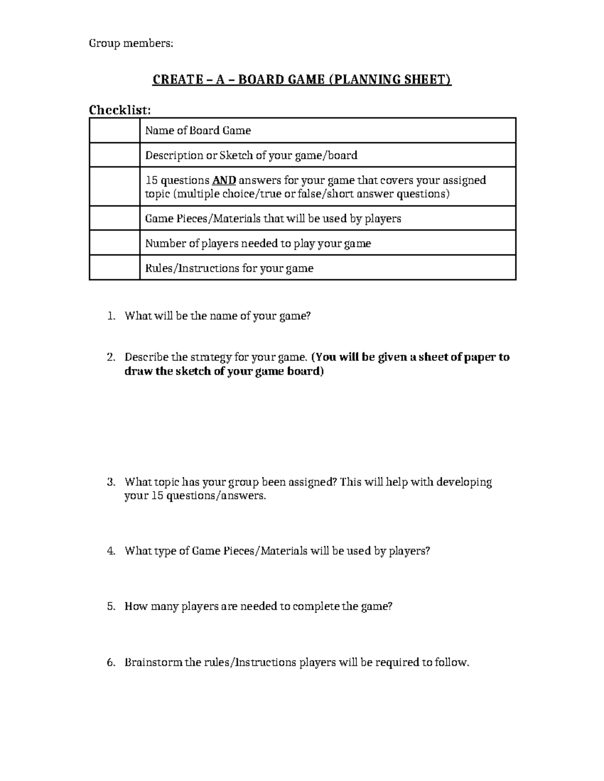 Create–A– Board GAME Planning Sheet - Group members: CREATE – A – BOARD ...