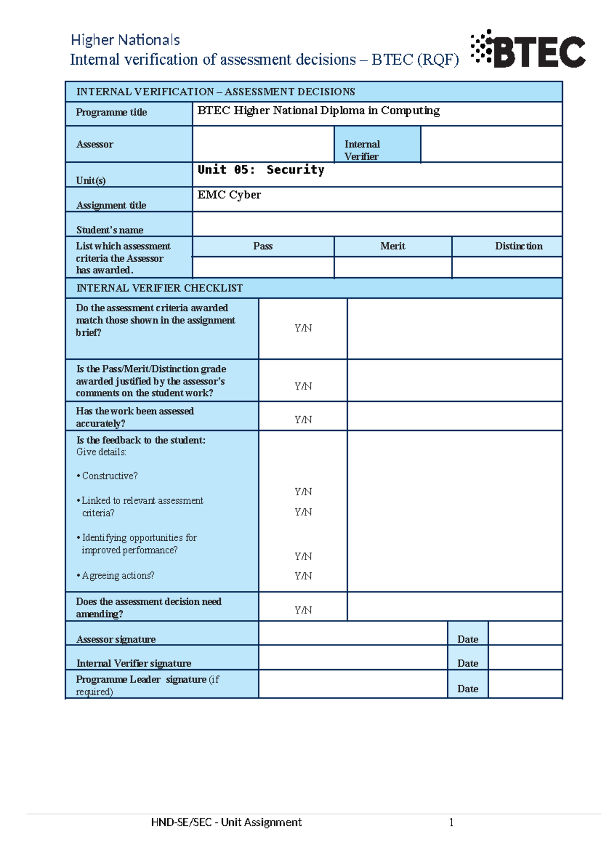 HND-SEC Unit Assignment - Higher Nationals Internal verification of assessment decisions – BTEC ...