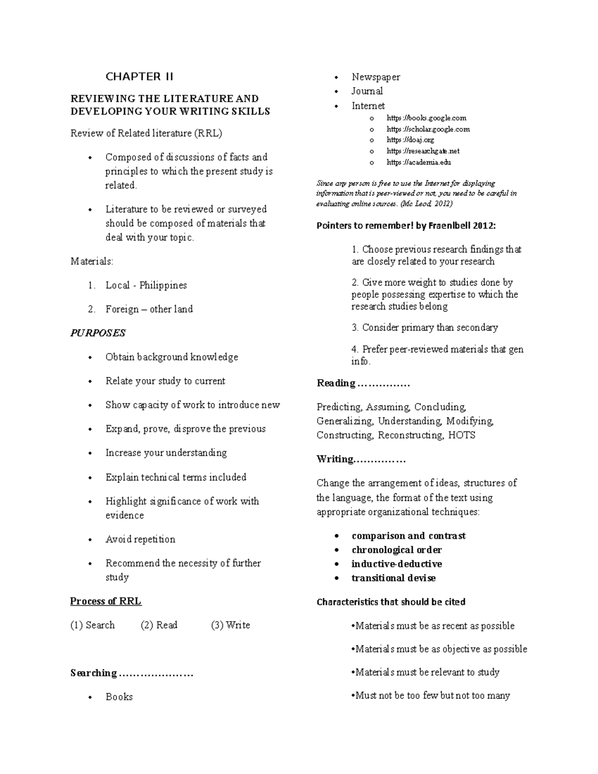 Research NOTES - Chapter II - CHAPTER II REVIEWING THE LITERATURE AND ...