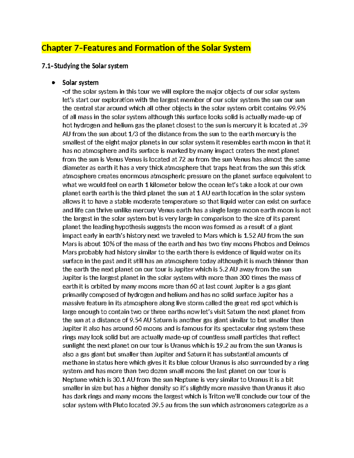 Chapter 7 - phys 284 notes - Chapter 7–Features and Formation of the ...