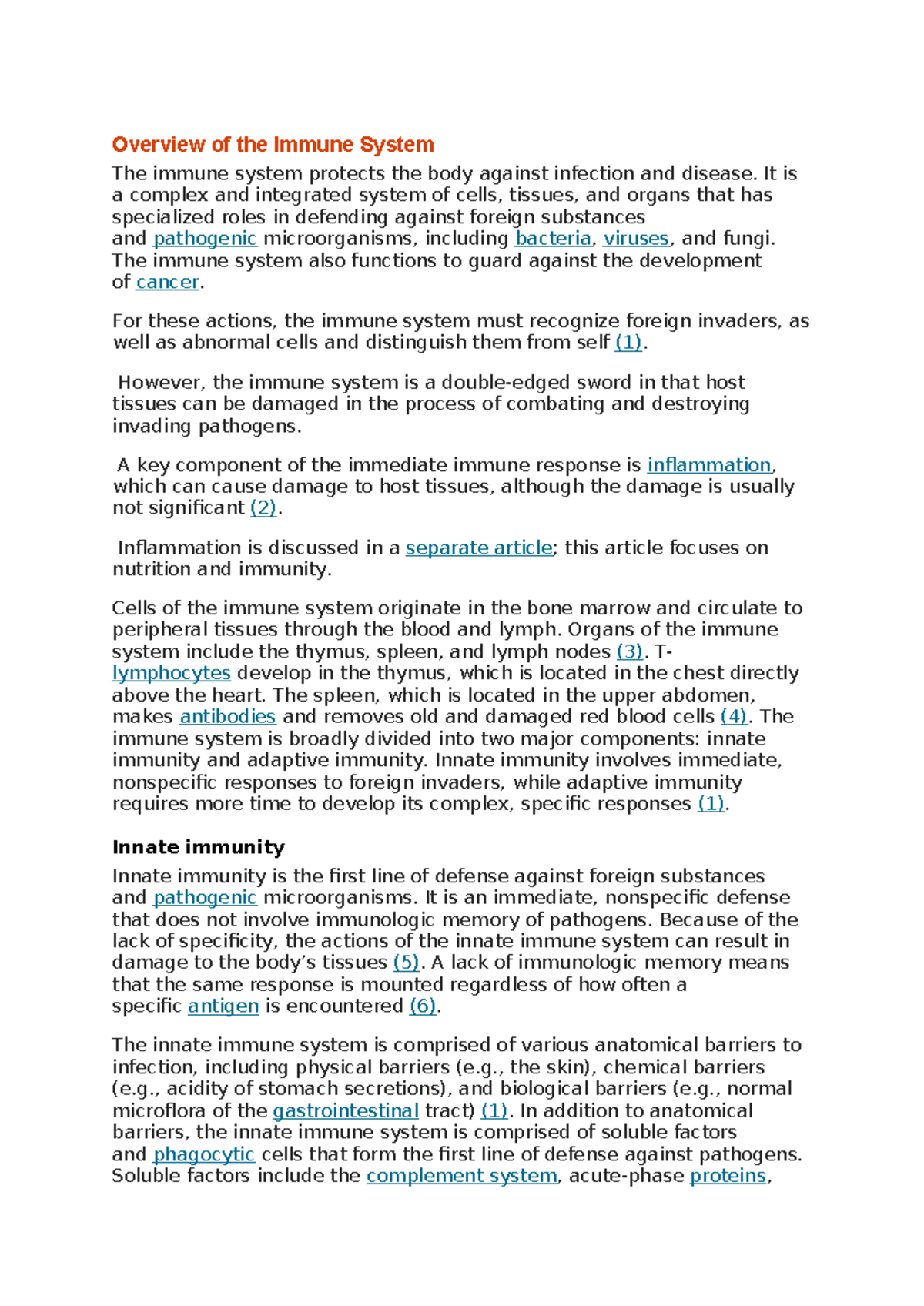 Immune System - immunity notes - Overview of the Immune System The ...