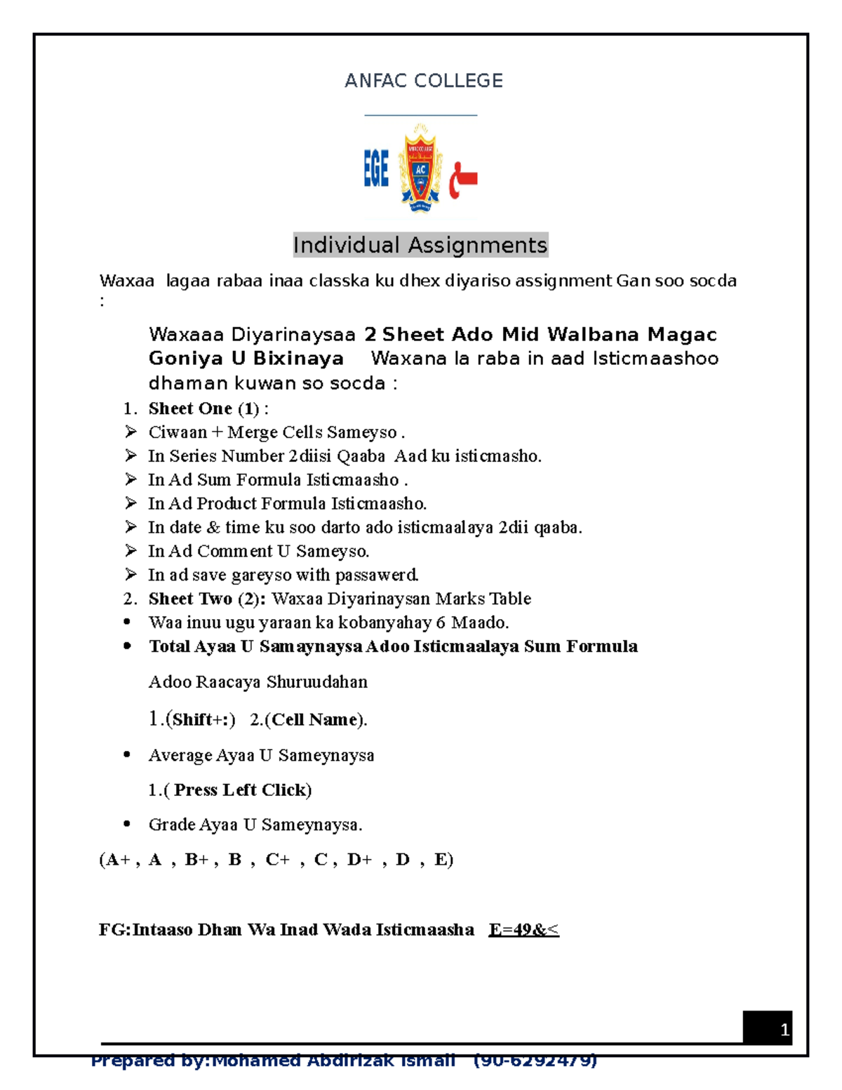 Excel Assigment of Morning Classes - Prepared by:Mohamed Abdirizak ...