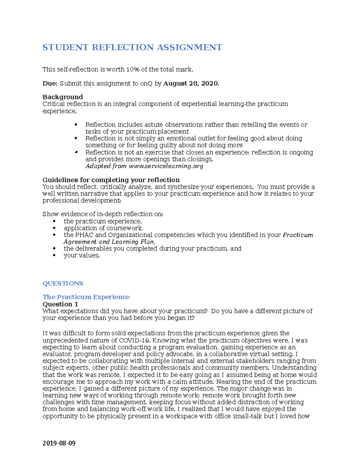 2020 Student Reflection Assignment - STUDENT REFLECTION ASSIGNMENT This ...